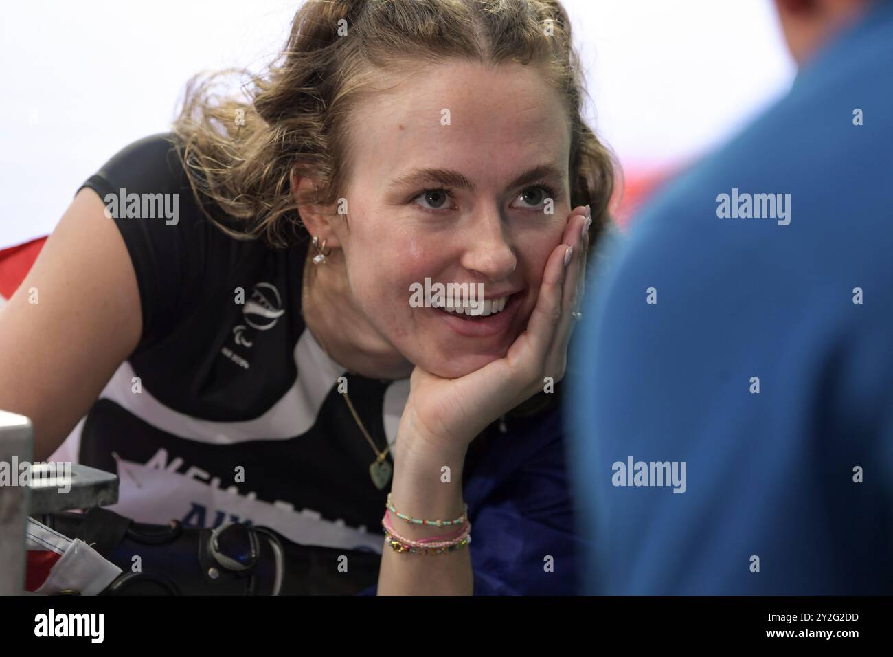Anna Grimaldi of New Zealand being interviewed by TV after winning the ...