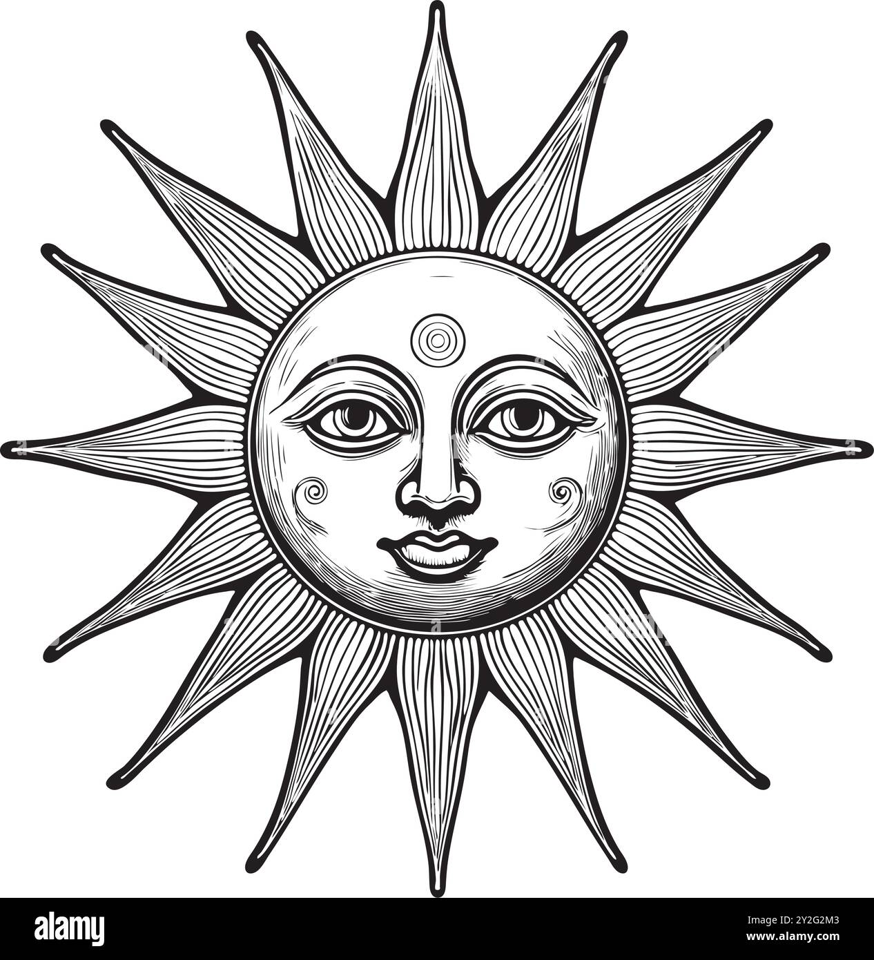 Radiant sun with open eyes and detailed hachure lines Stock Vector ...