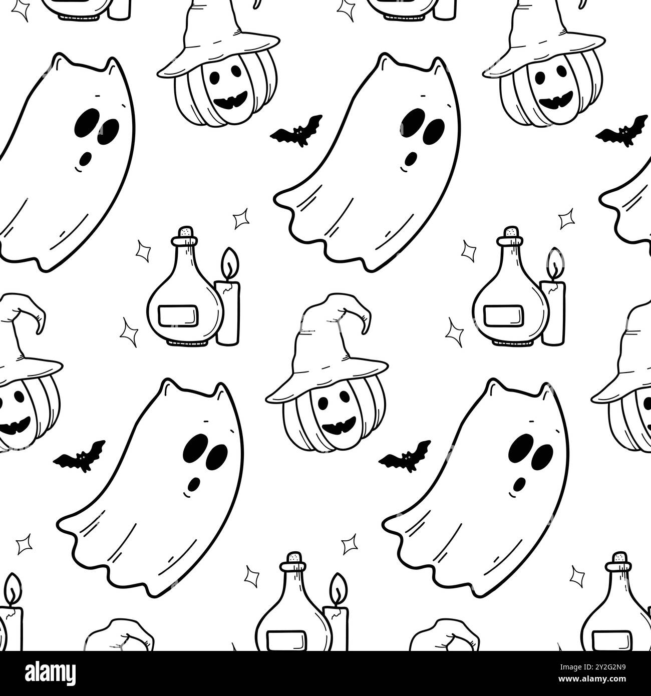Pattern with traditional Halloween symbols: ghosts, cat ghost, pumpkin ...