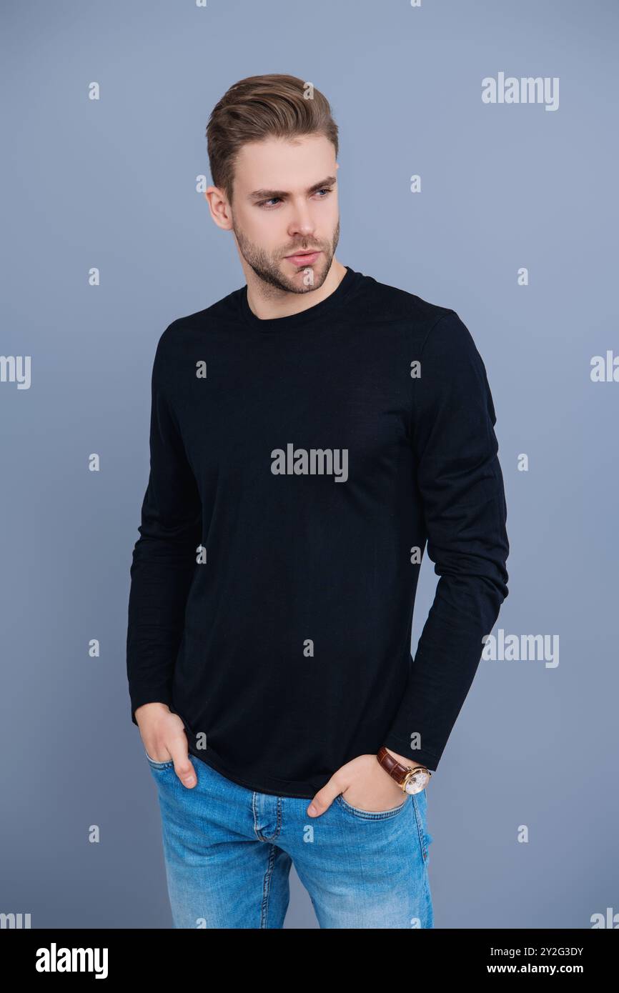 Unshaven man isolated on grey. Portrait of man with stylish haircut ...