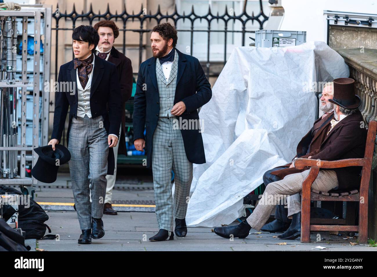 Extras in costume of the film set for "Frankenstein" in West Parliament ...
