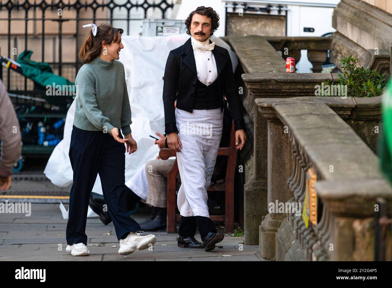 Extras in costume of the film set for "Frankenstein" in West Parliament ...