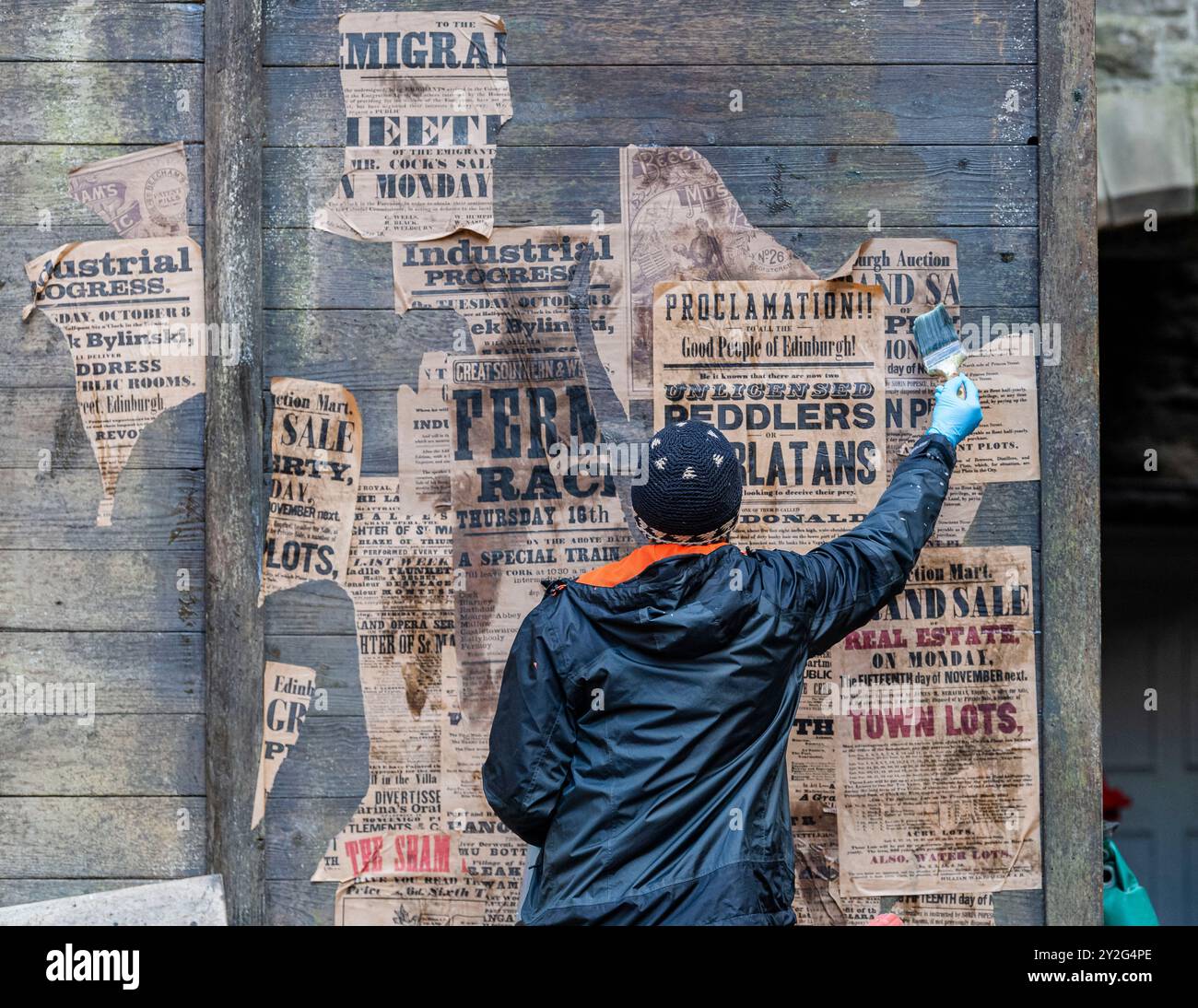 General views of the film set for "Frankenstein" showing wanted posters ...