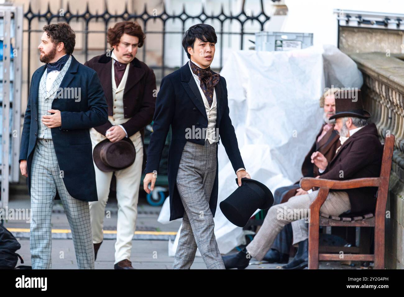 Extras in costume of the film set for "Frankenstein" in West Parliament ...