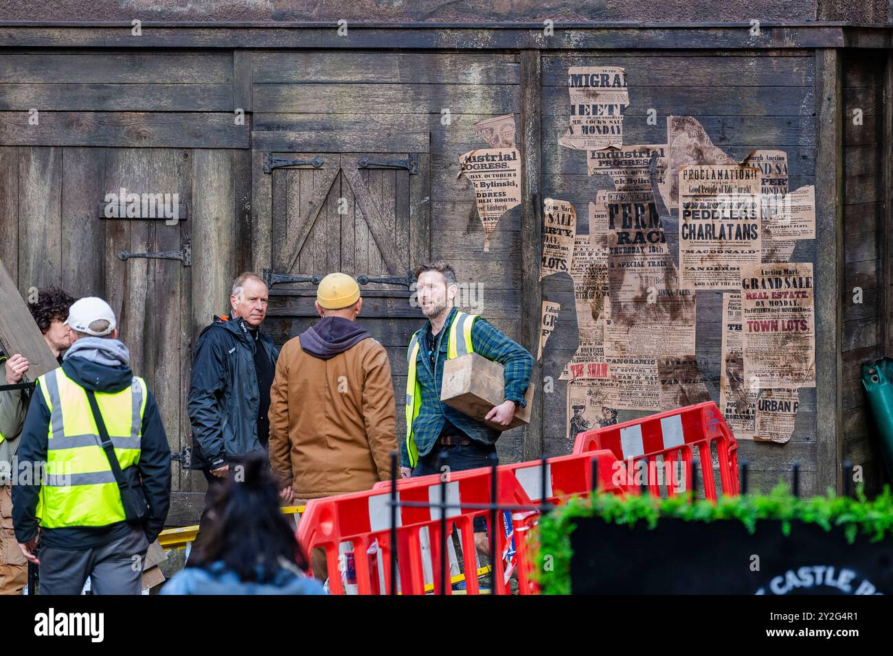 General views of the film set for "Frankenstein" showing wanted posters ...