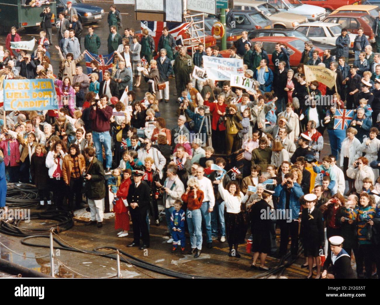 WIVES AND FAMILIES OF SERVICE PERSONEL GREET HMS CARDIFF ON THE SHIPS ...
