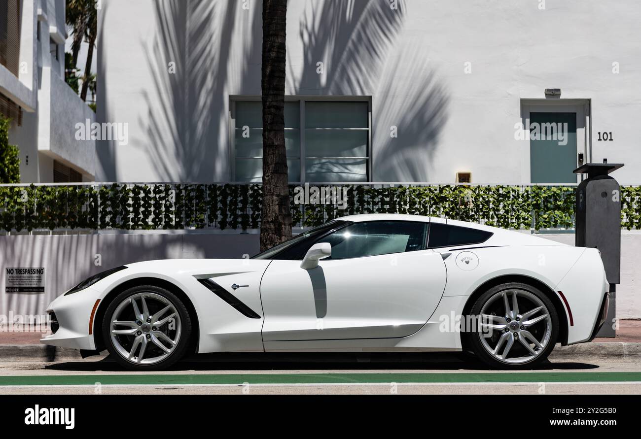 Miami Beach, Florida USA - June 9, 2024: Chevy Corvette Stingray c7 at ocean drive miami beach ...