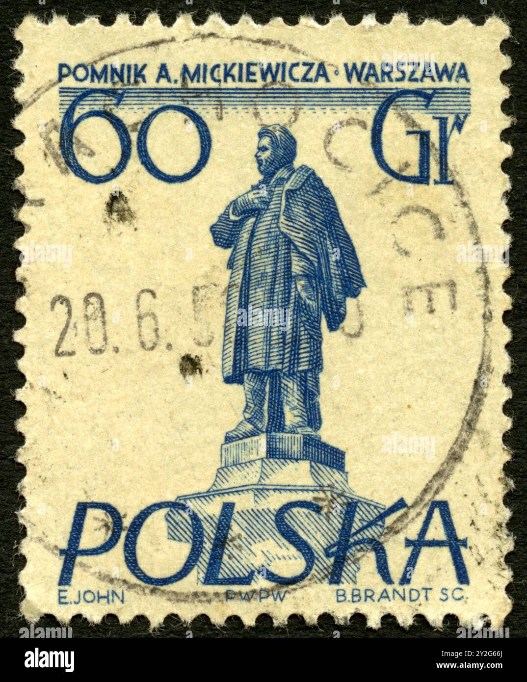 Timbre oblitéré Polska, Pomnik A. Mickiewicza - Warszawa, 60 gr Stock ...