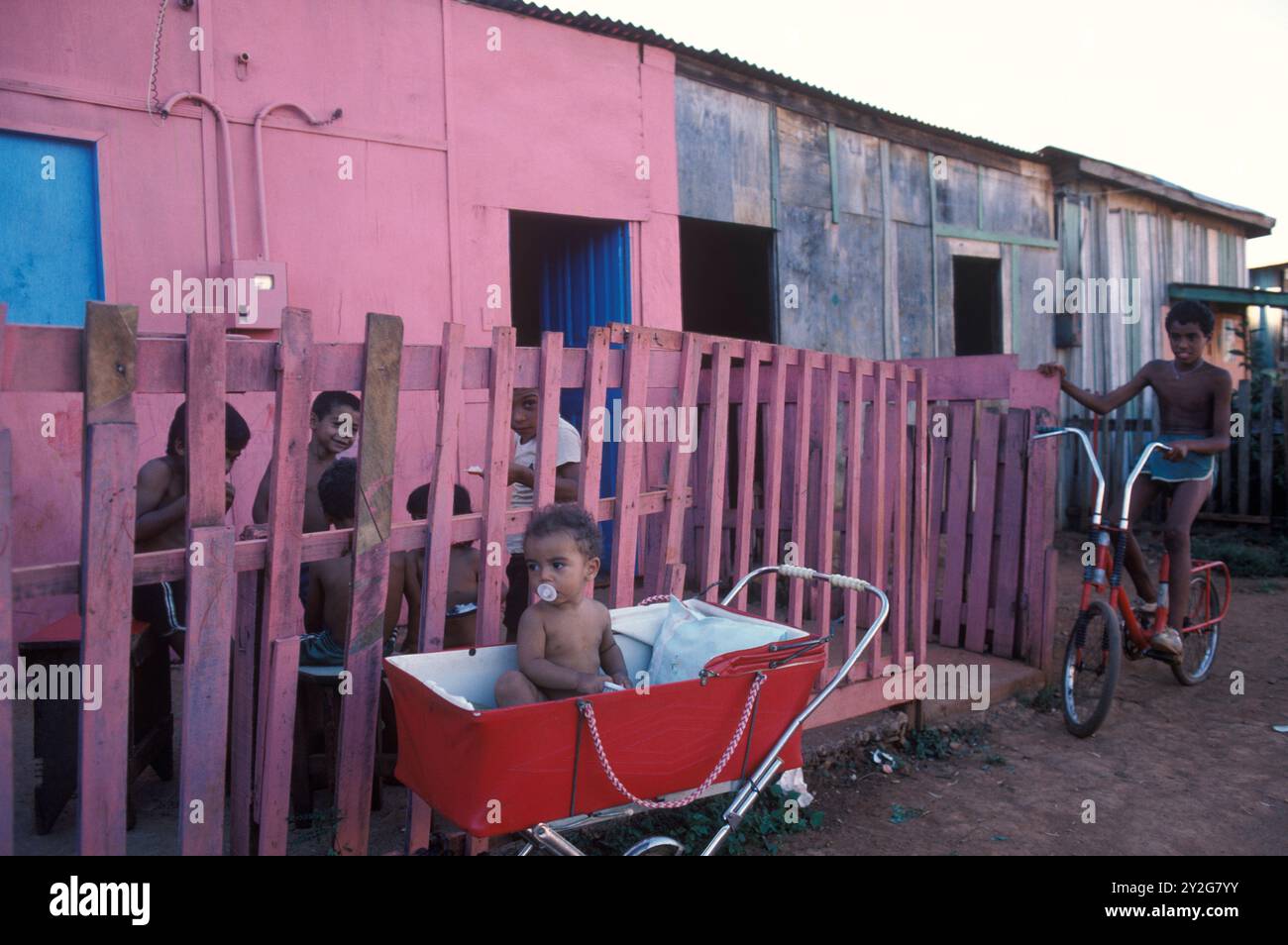 Brazil, the exterior of a favela, a slum house in a poor shanty town ...