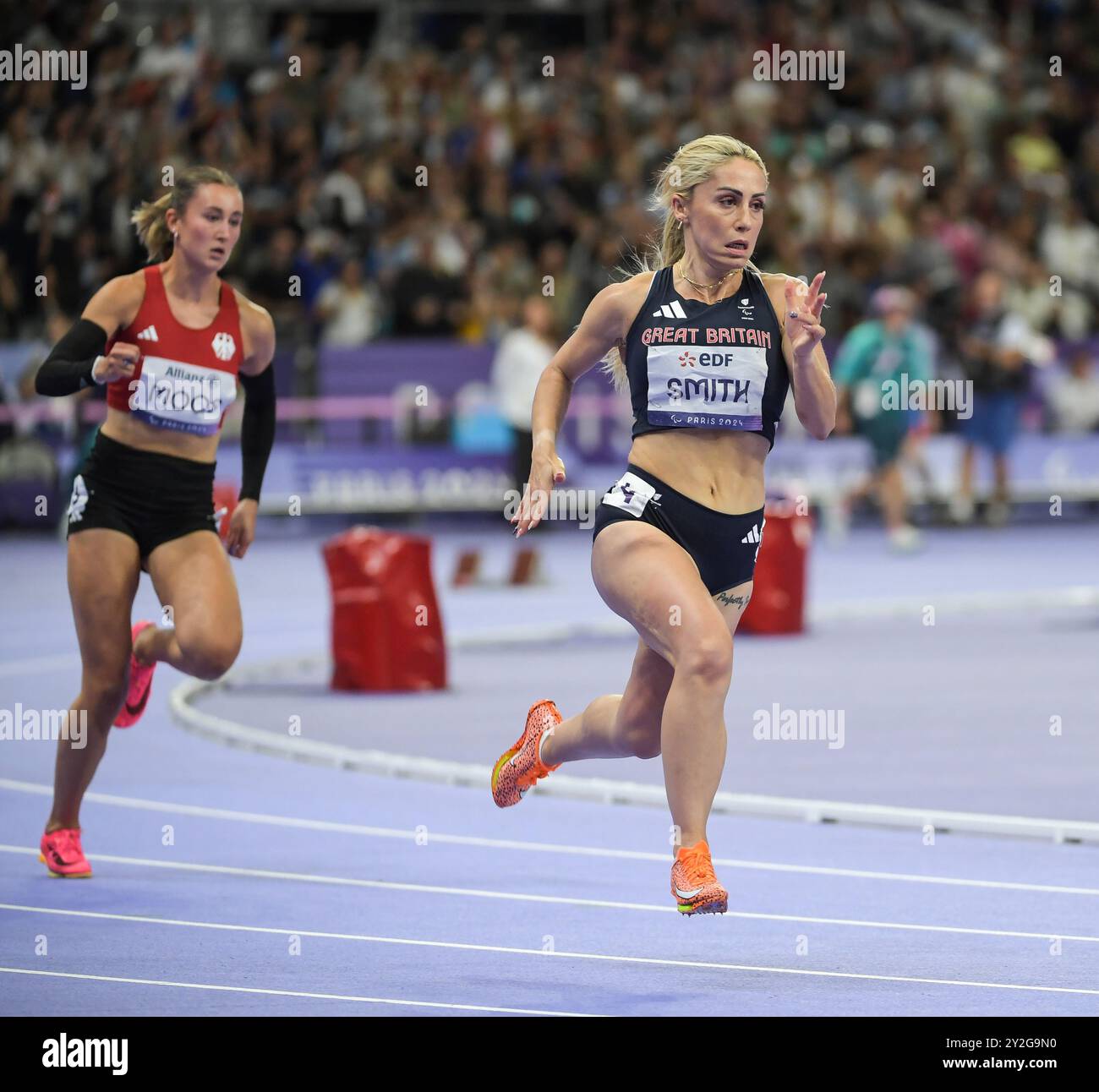 Ali Smith of Great Britain competing in the women’s 400m T38 at the Paris 2024 Summer Paralympic ...