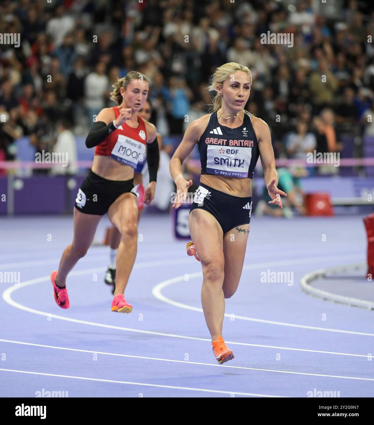 Ali Smith of Great Britain competing in the women’s 400m T38 at the Paris 2024 Summer Paralympic ...
