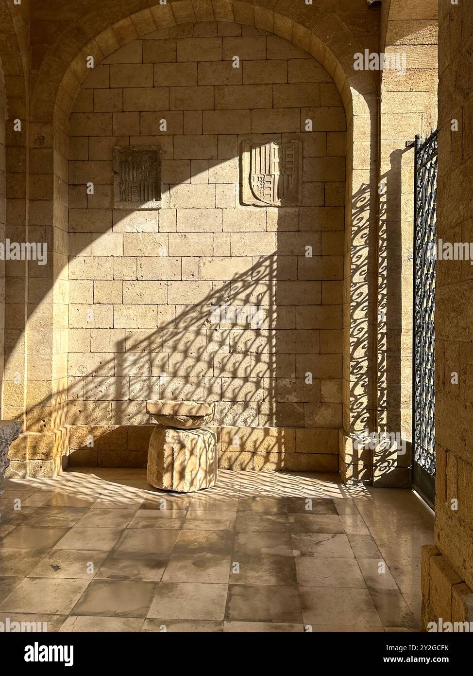 Sun light and shadow oblique on stone wall and stone object in Italy ...