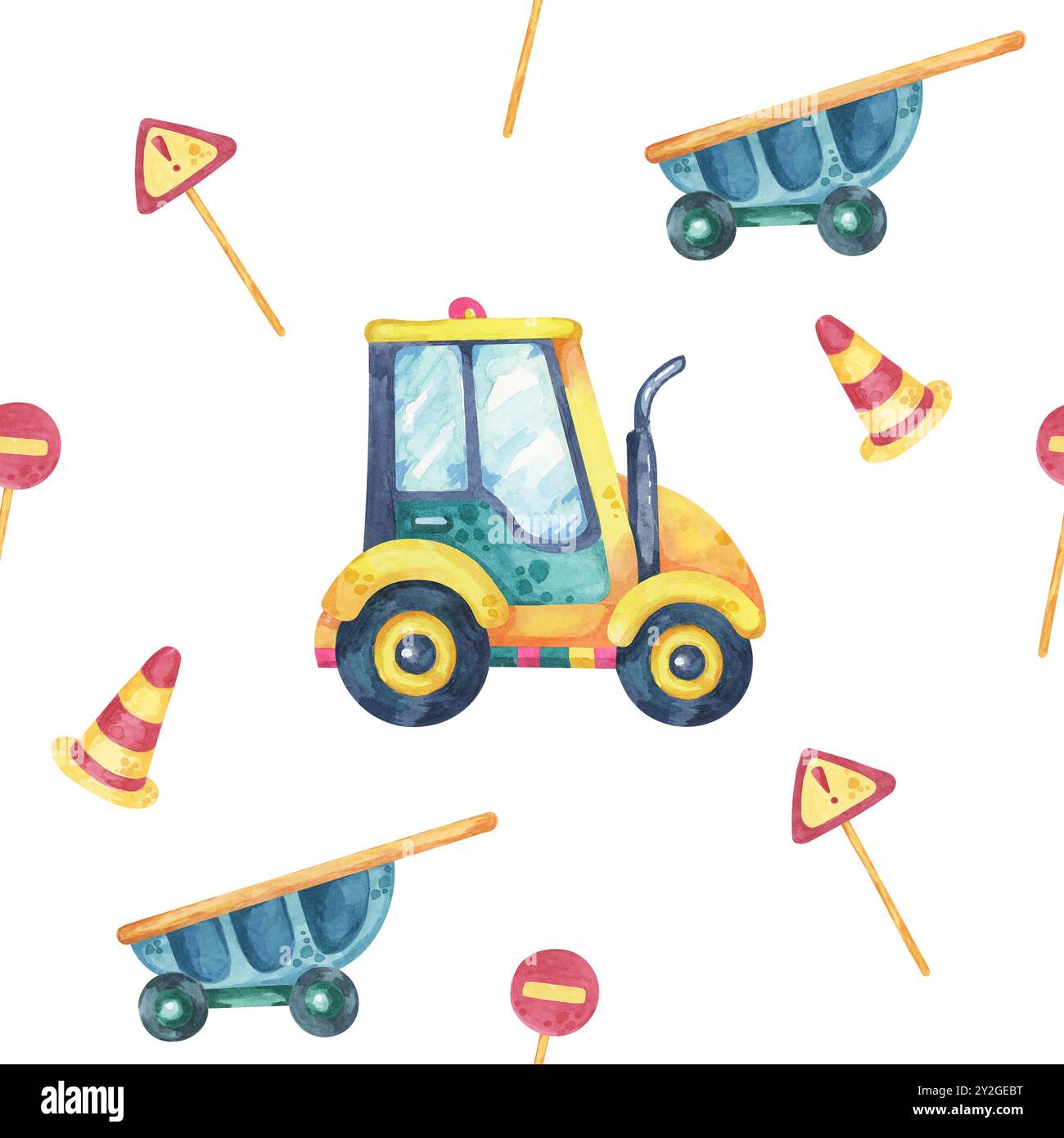 Yellow tractor, blue wheelbarrows, striped road cones, and red traffic ...