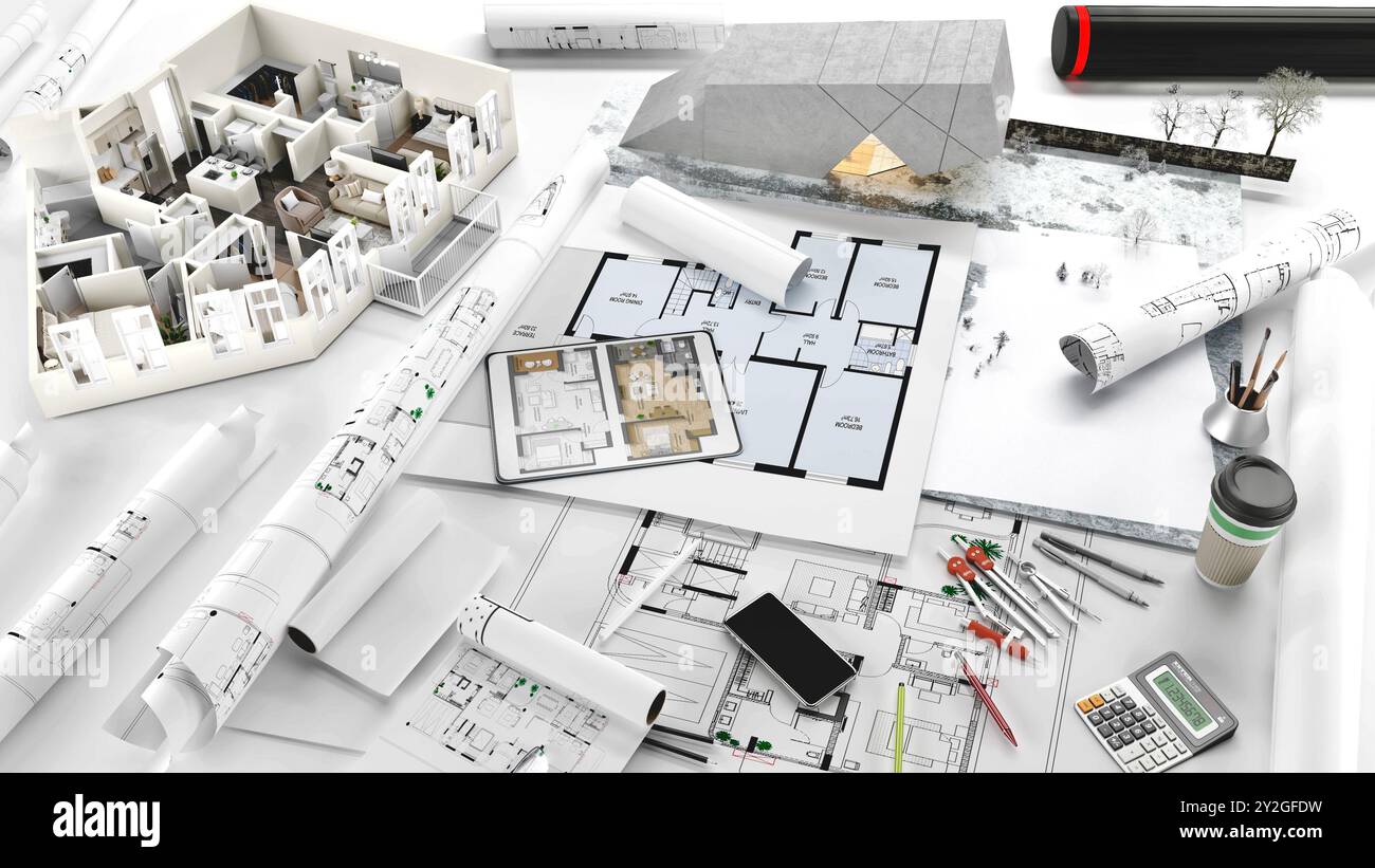 3D rendering of a apartment architectural model with blueprints ...
