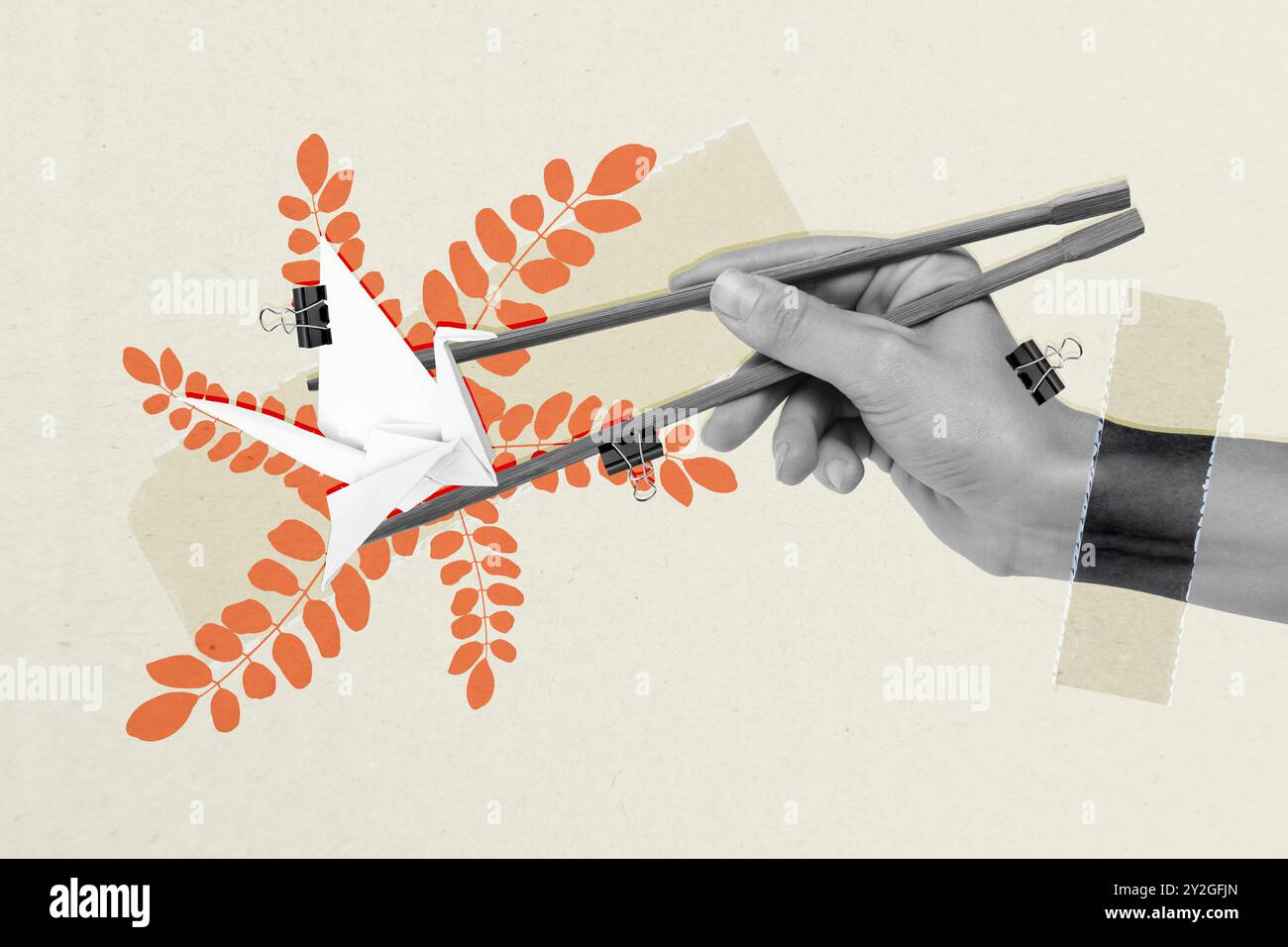 Creative poster collage of hand hold chopsticks origami crane bizarre ...