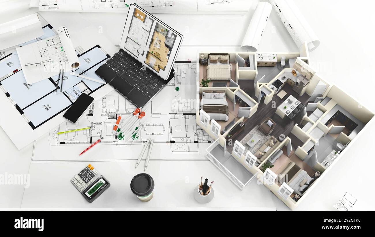 3D rendering of a apartment architectural model with blueprints ...