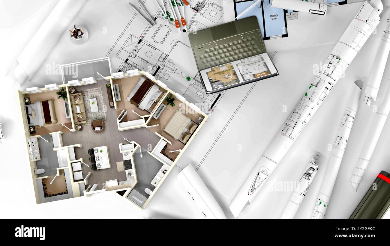 3D rendering of a apartment architectural model with blueprints ...
