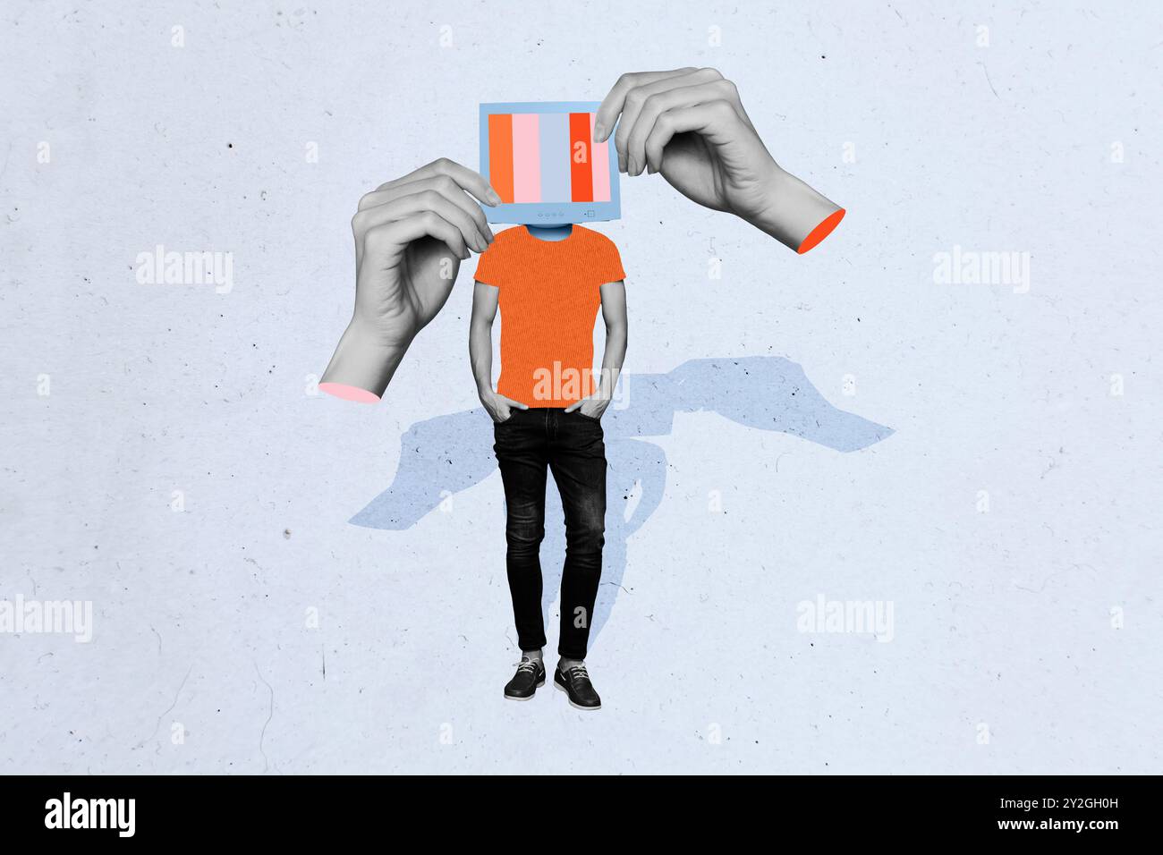 Creative poster collage headless man 3d body fragments computer screen ...