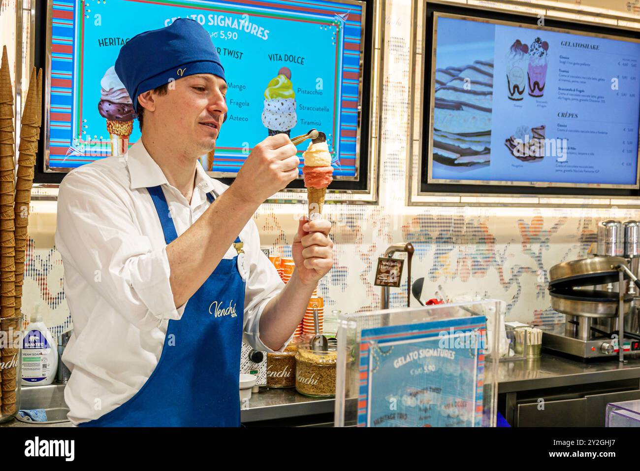 Rome Italy,Via della Croce,inside interior,gelato shop,man worker ...