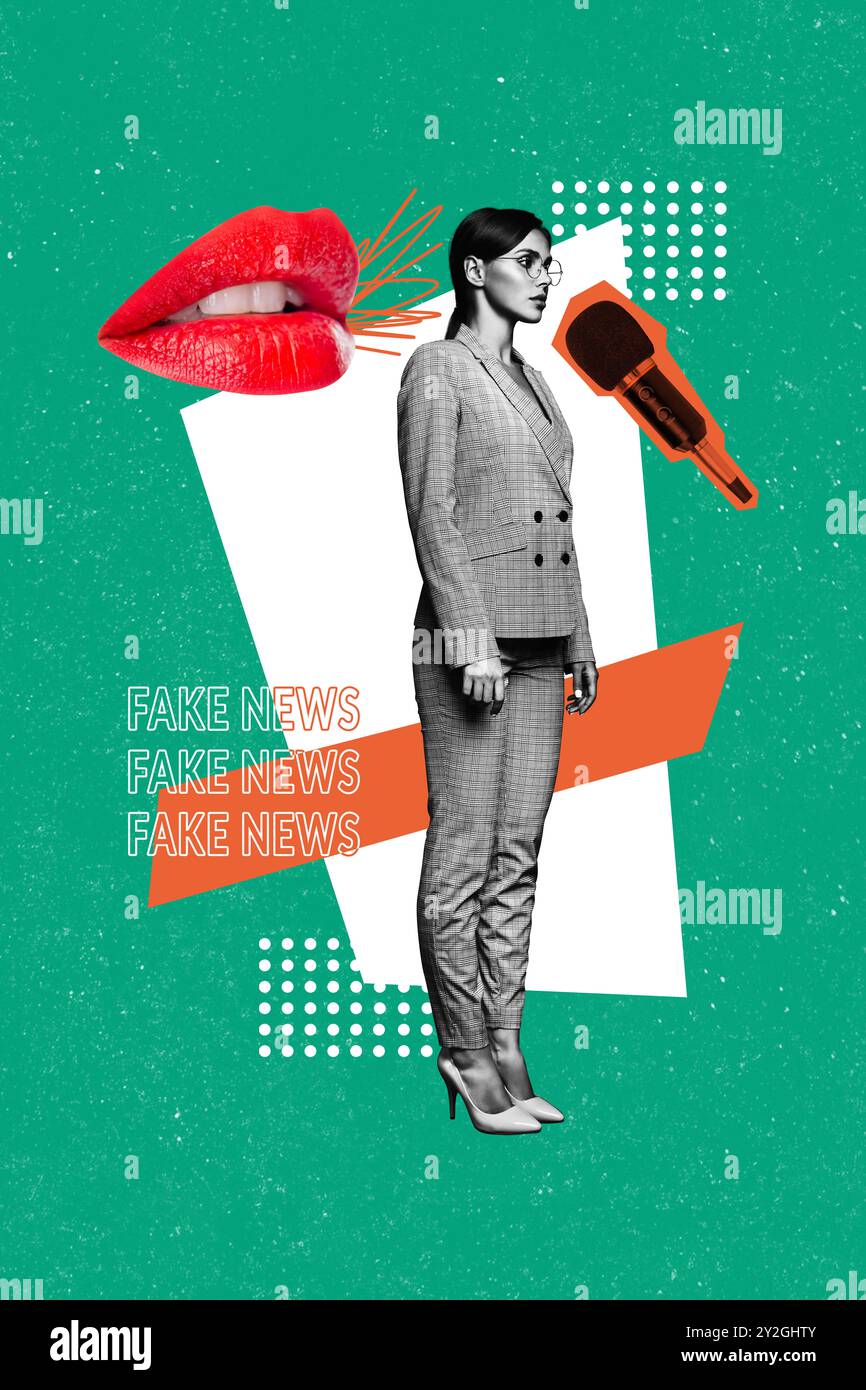 Vertical photo collage of serious girl stand mic device brainwash fake ...