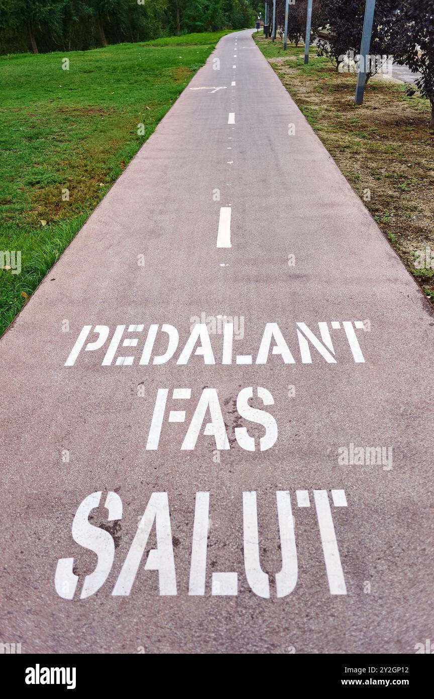 Bicycle lane with health message on urban pavement, perfect for ...