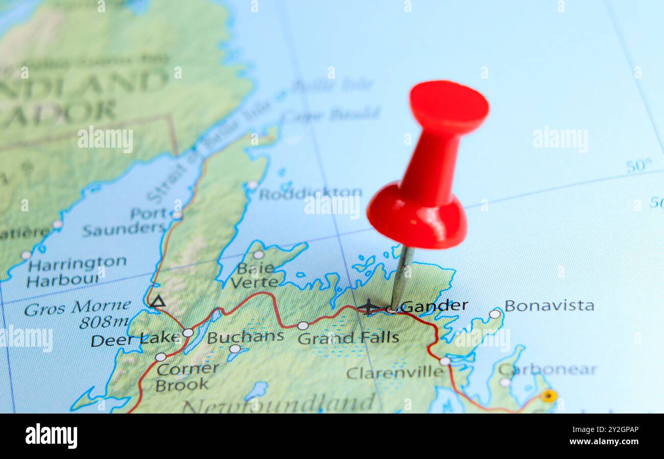Gander, Canada pin on map Stock Photo - Alamy