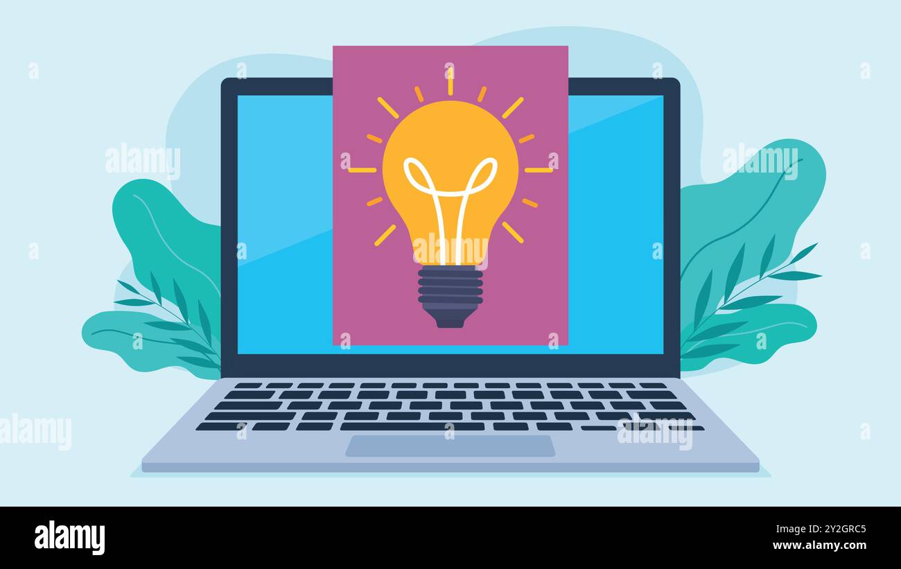 A laptop screen with a purple document on it and a glowing light bulb ...