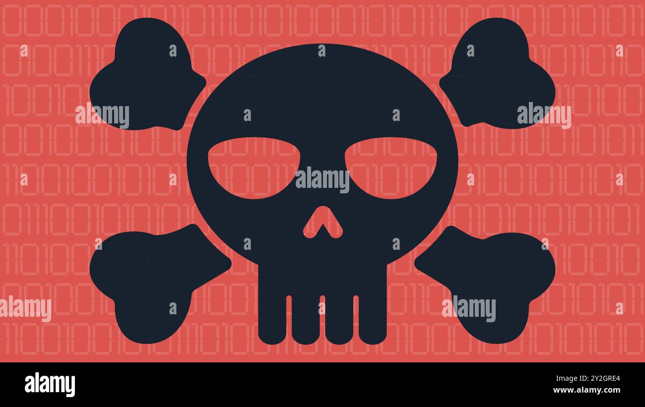 A black virus skull with a zero-one code behind it in the background ...