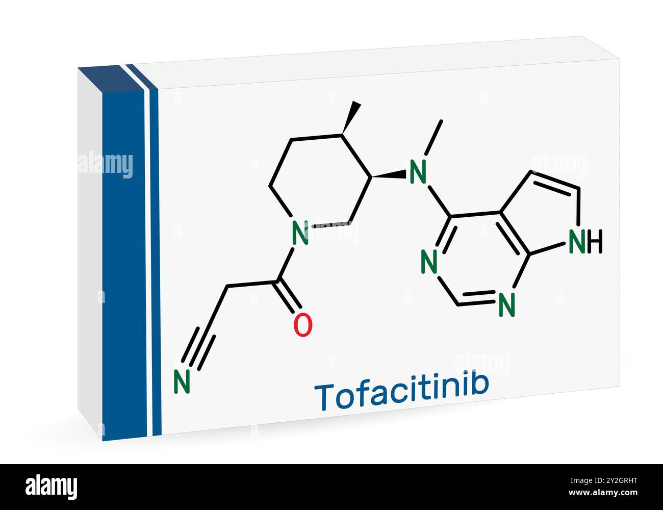 Tofacitinib drug molecule. Skeletal chemical formula. Paper packaging ...
