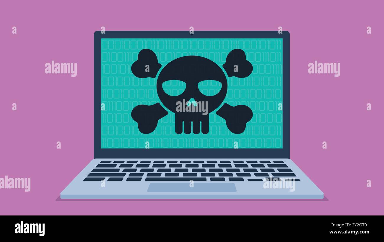 A virus skull appears on the laptop screen. The computer is hacked. In ...