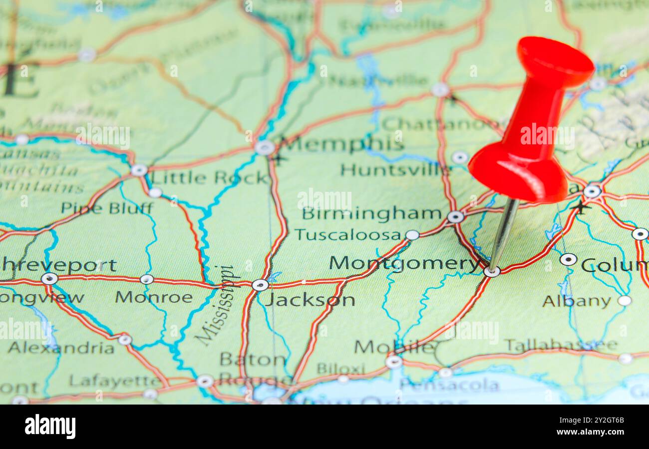 Montgomery, Alabama pin on map Stock Photo - Alamy