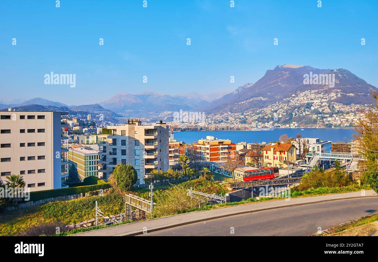The cityscape of Lugano with Ceresio, Monte Bre, Monte Boglia, modern ...