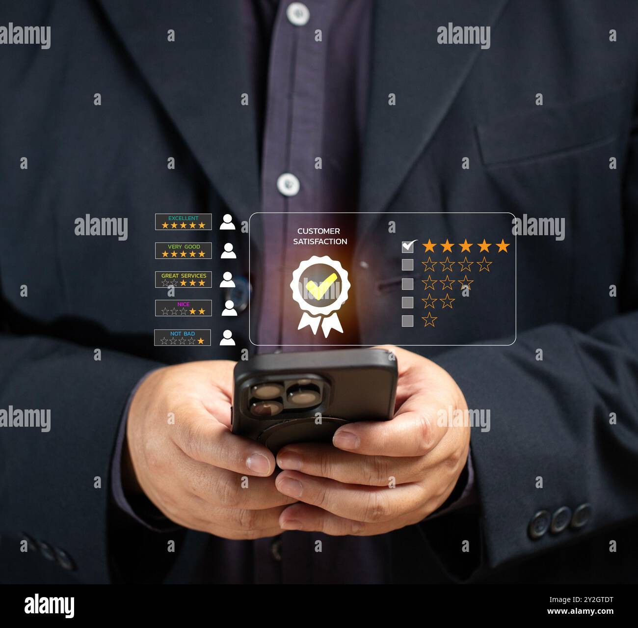 Man rates satisfaction using smartphone via virtual screen. Concept of ...