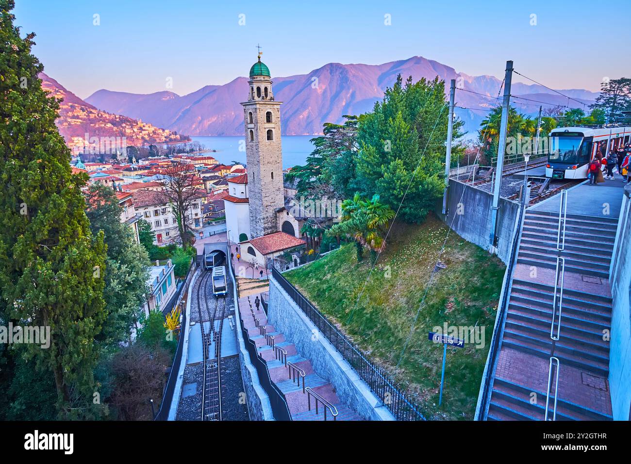 Evening Lugano with Alps, Ceresio Lake, bell tower of San Lorenzo ...