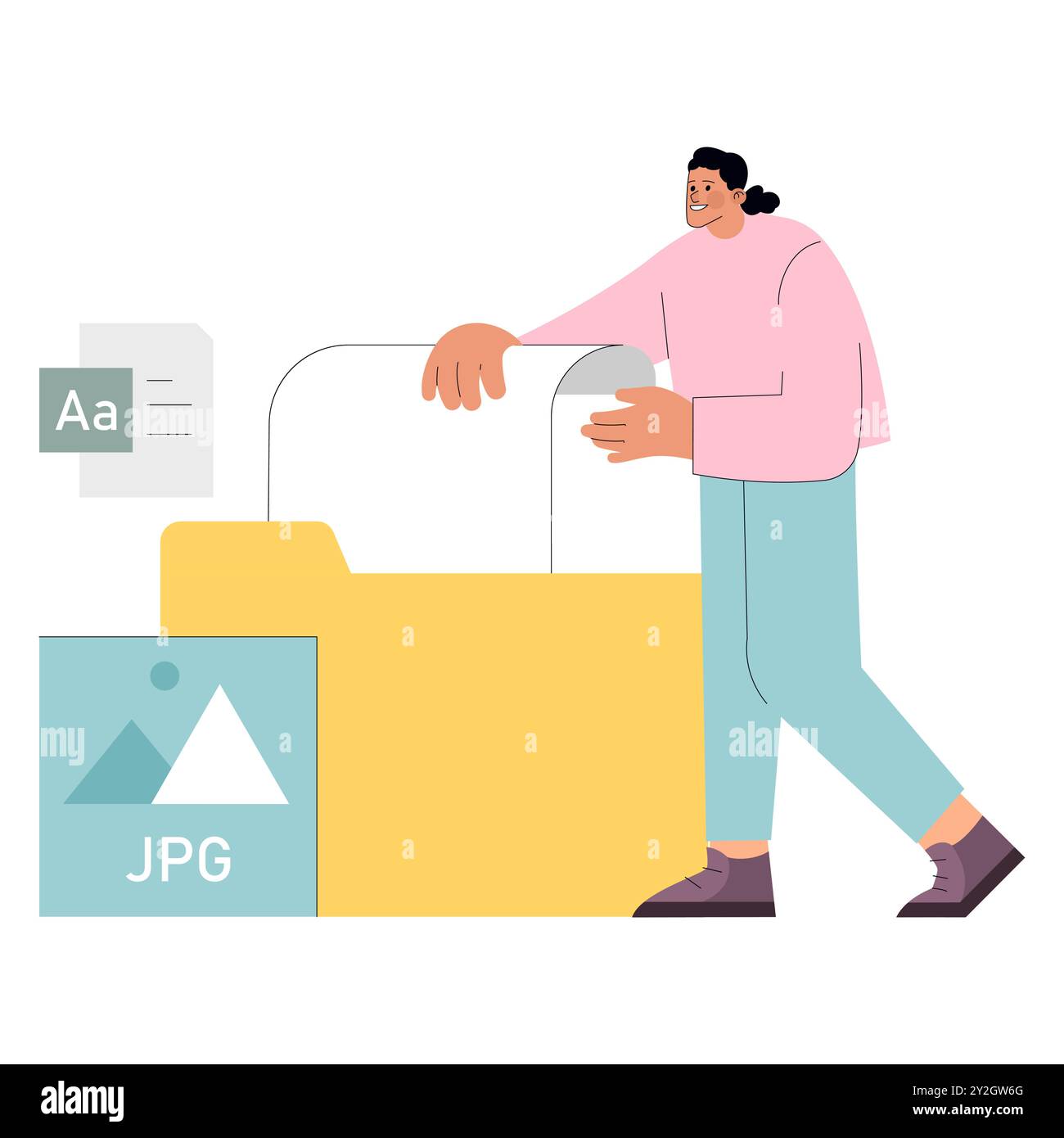 File Management concept. A businessman organizes digital documents into ...