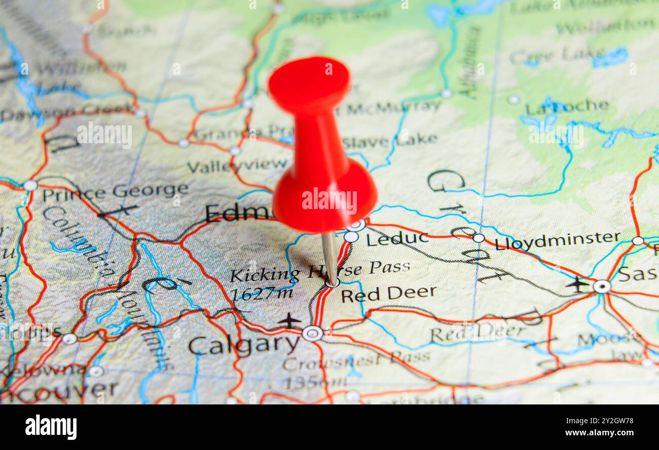 Red Deer, Canada pin on map Stock Photo - Alamy