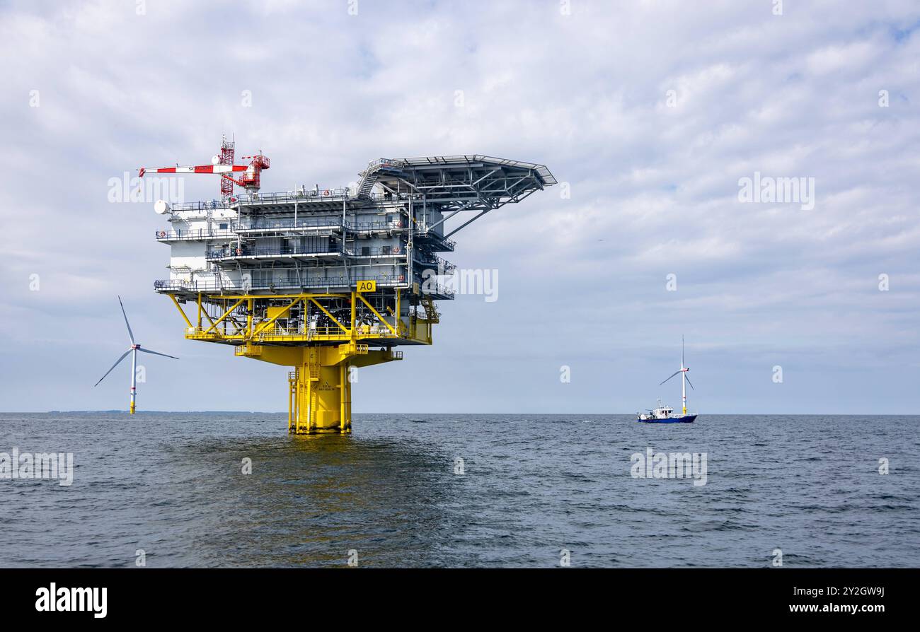Windpark Arcadis Ost Die Umspannplattform und Windmuehlen stehen im ...