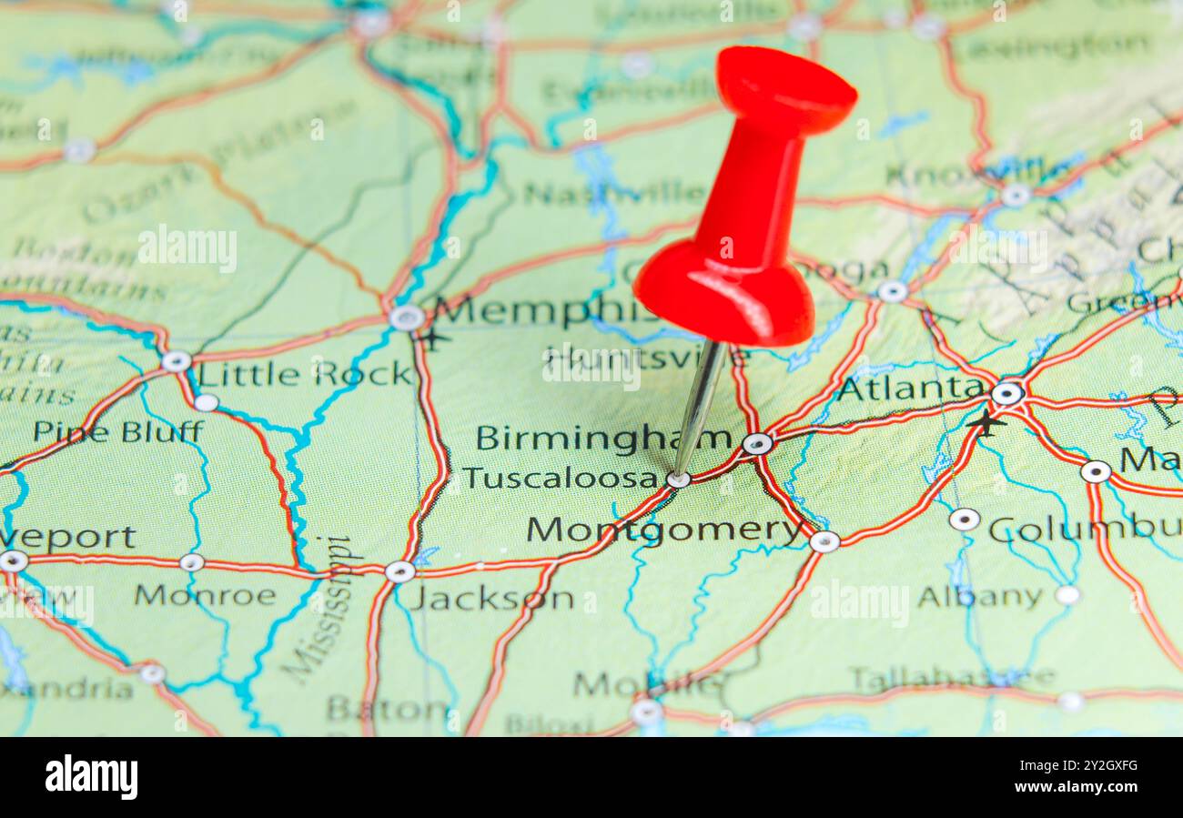 Tuscaloosa, Alabama pin on map Stock Photo - Alamy