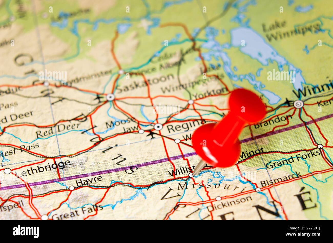 Williston, North Dakota pin on map Stock Photo - Alamy