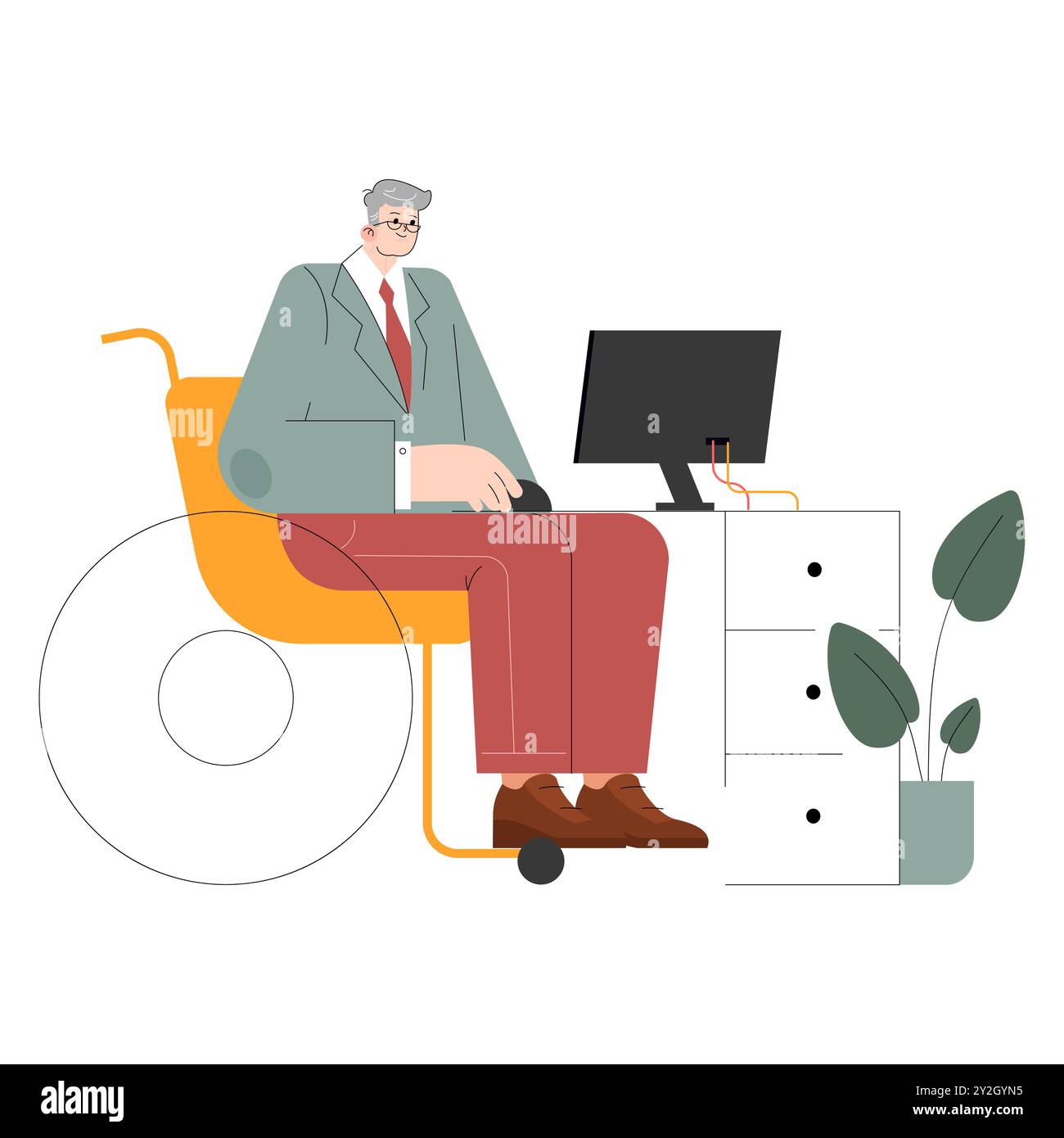 Inclusive workspace concept. Elderly businessman working at his desk ...