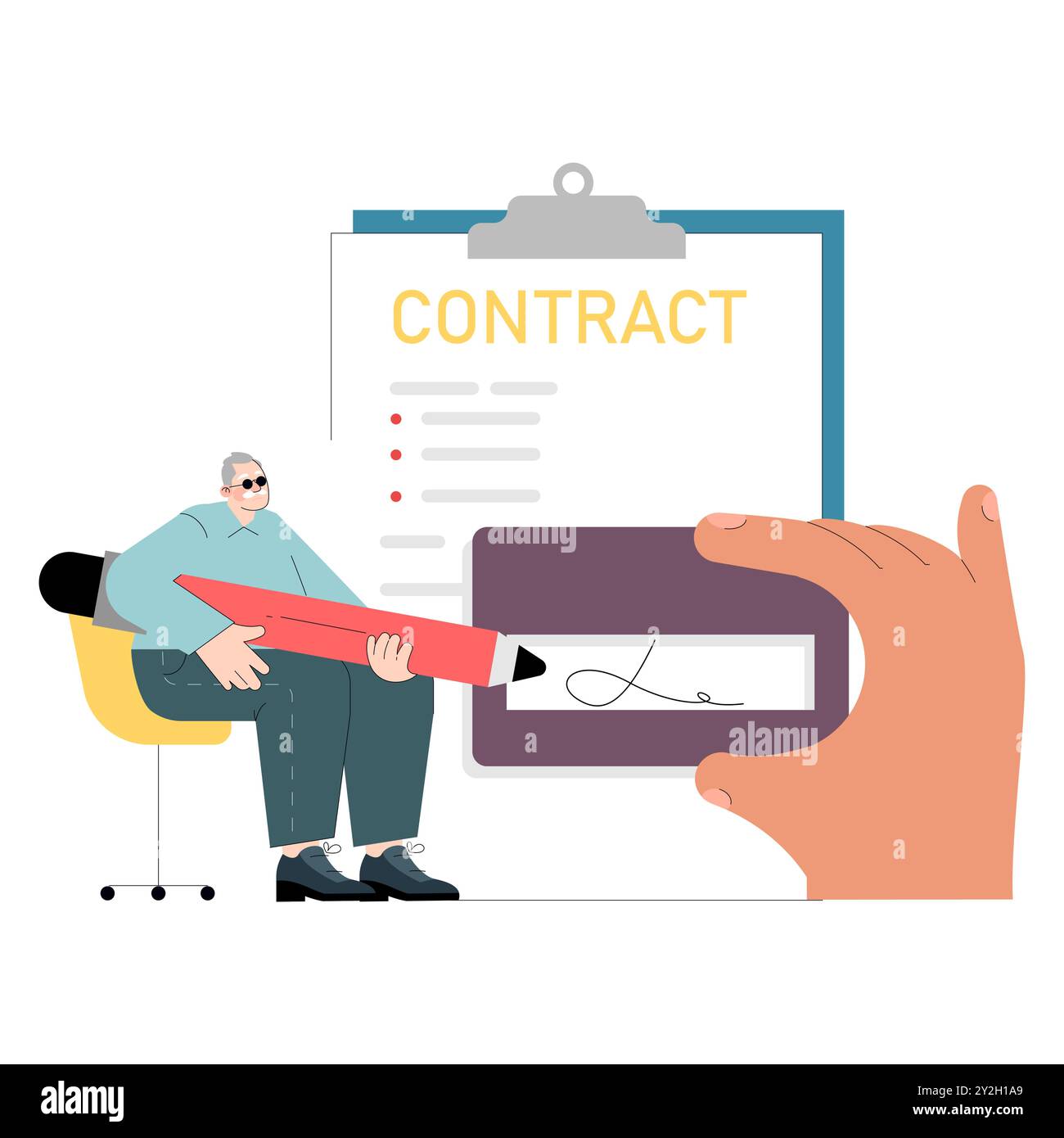 Business agreement concept. A businessman watches as a giant hand uses ...