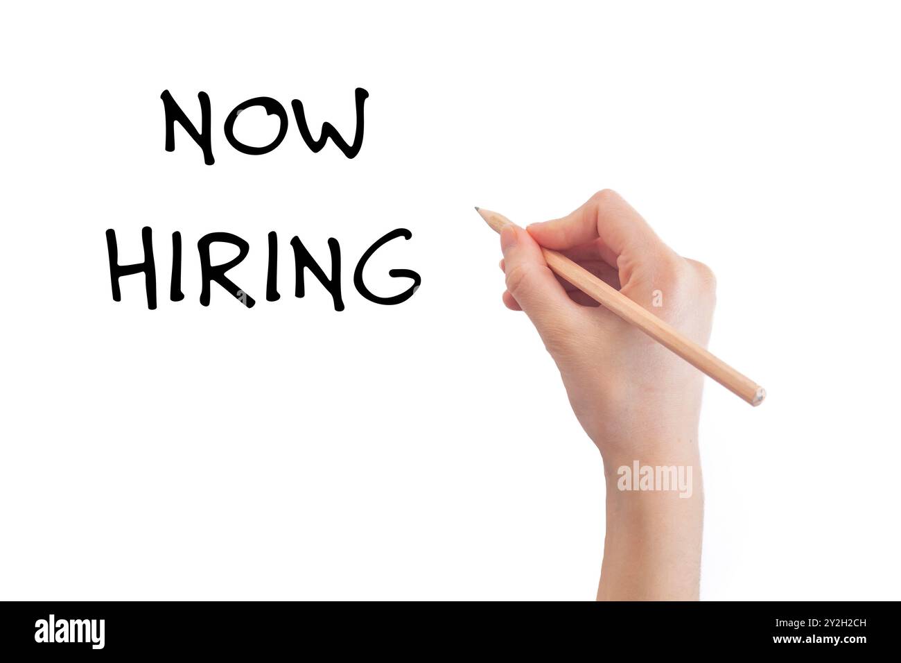 Hand writing now hiring message on white background. Conceptual now ...