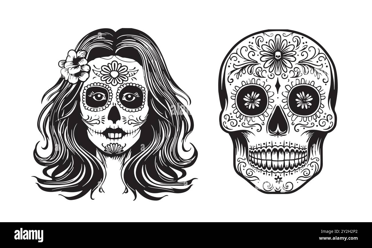 Sugar skull beautiful girl and man, Halloween makeup. Skeleton woman portrait at Dia de los ...