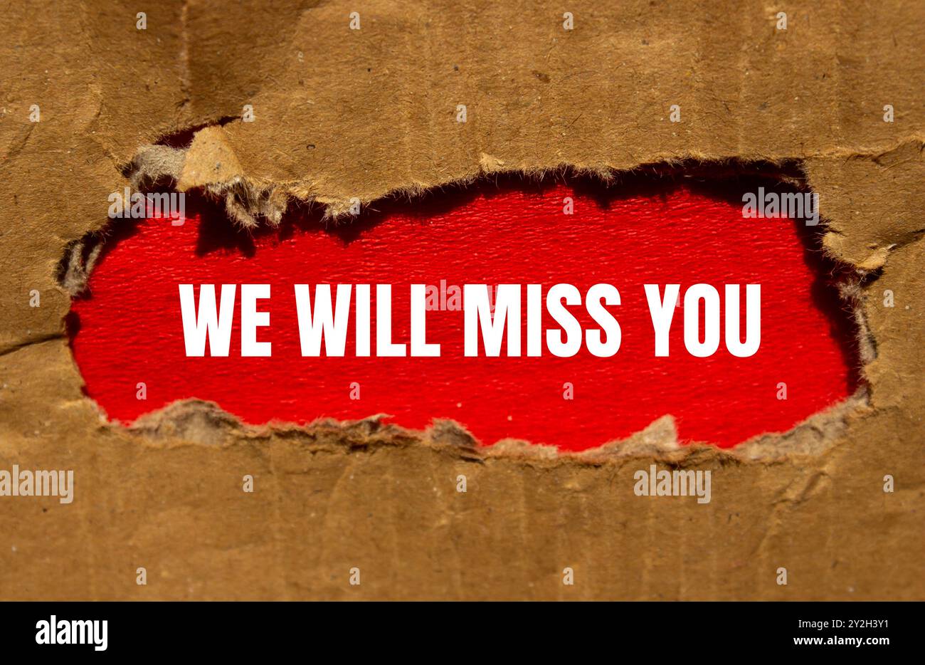 We will miss you message written on torn cardboard paper with red background. Conceptual we will ...