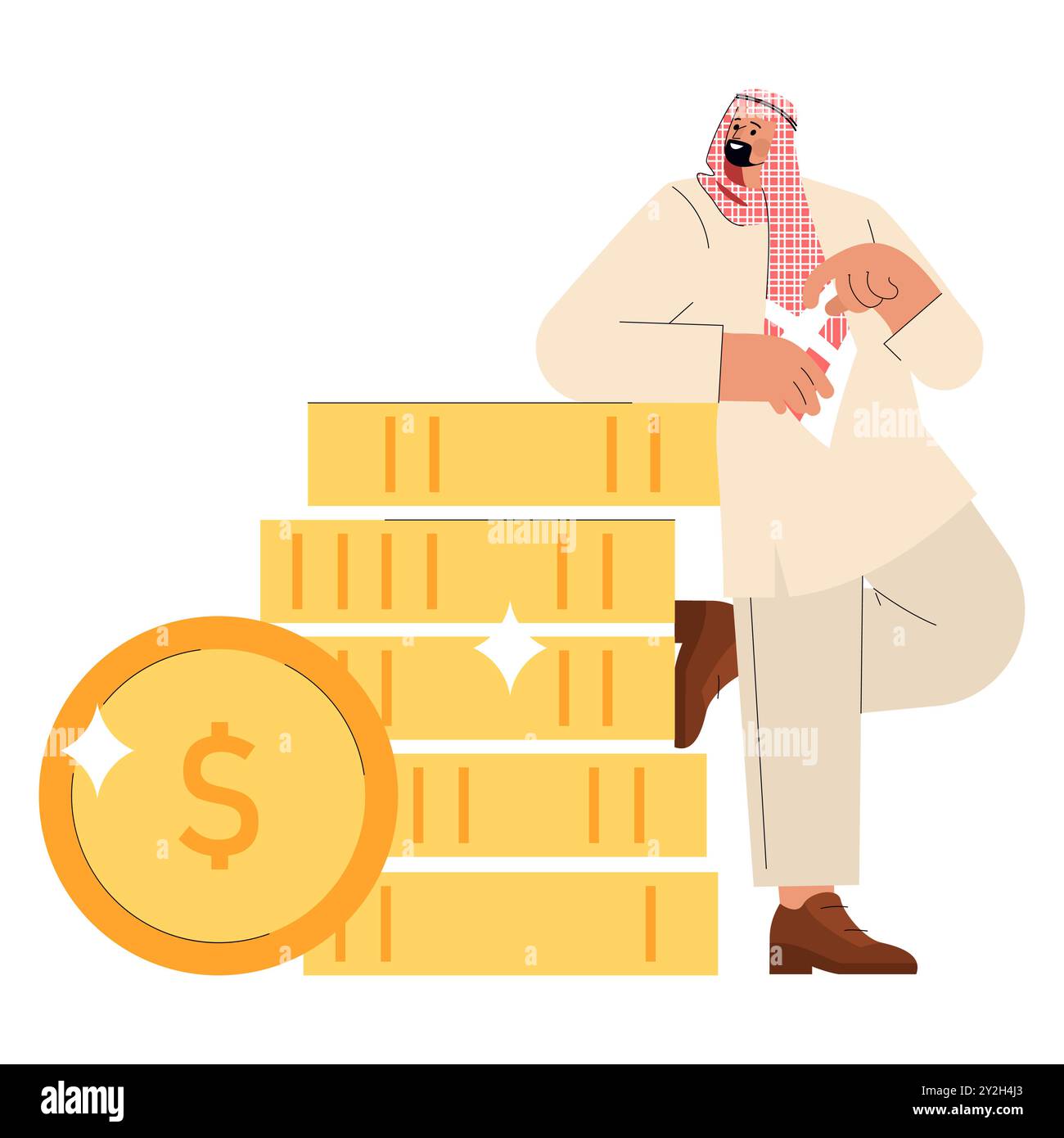 Middle Eastern businessman with gold coins representing wealth and ...