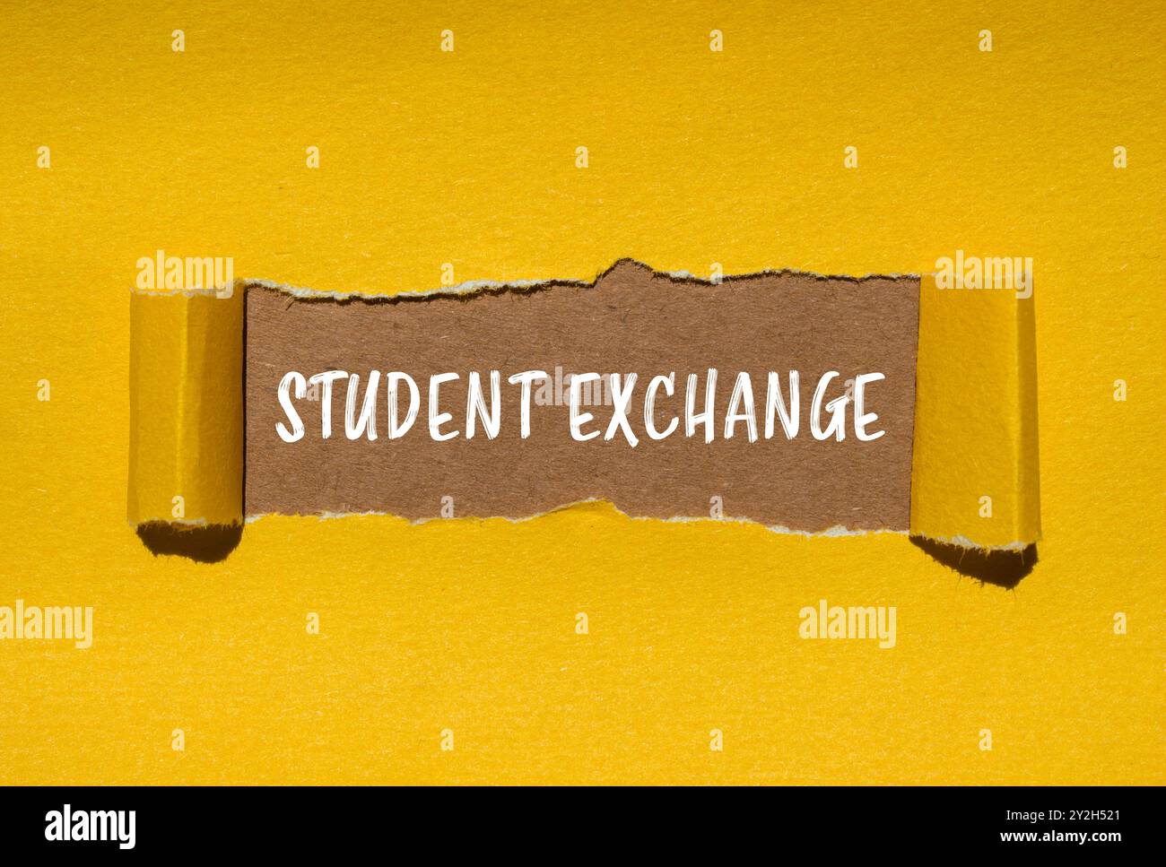 Student exchange message written on ripped torn yellow paper with brown background. Conceptual ...