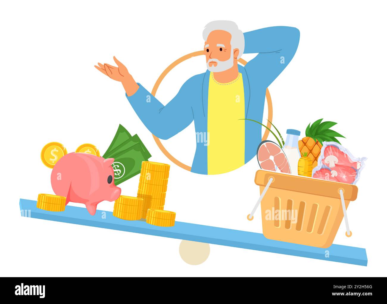Senior man cartoon character thinking about expensive food inflation ...