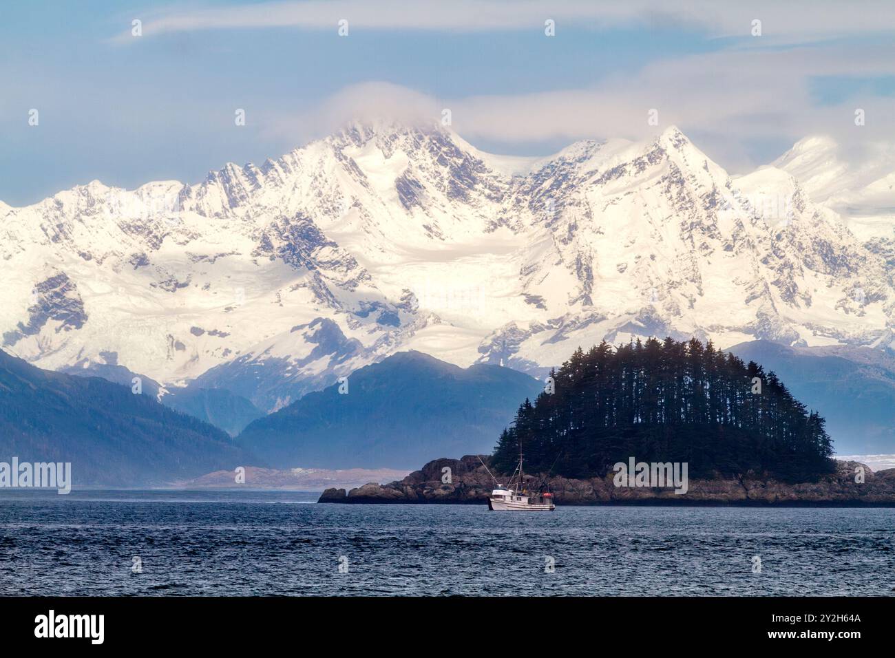 Long line fishing boat in Cross Sound with the Fairweather Mountain ...