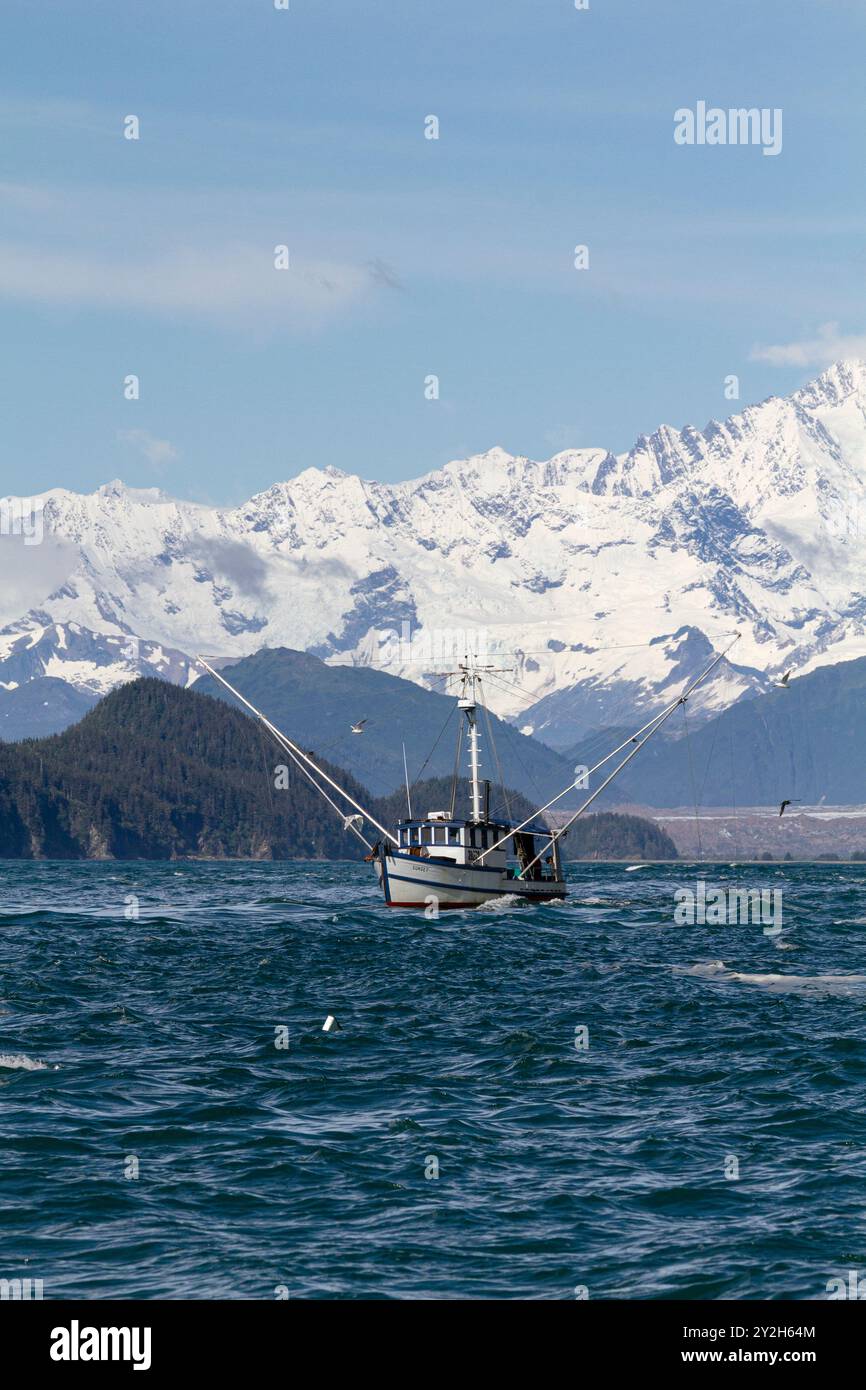 Long line fishing boat in Cross Sound with the Fairweather Mountain ...