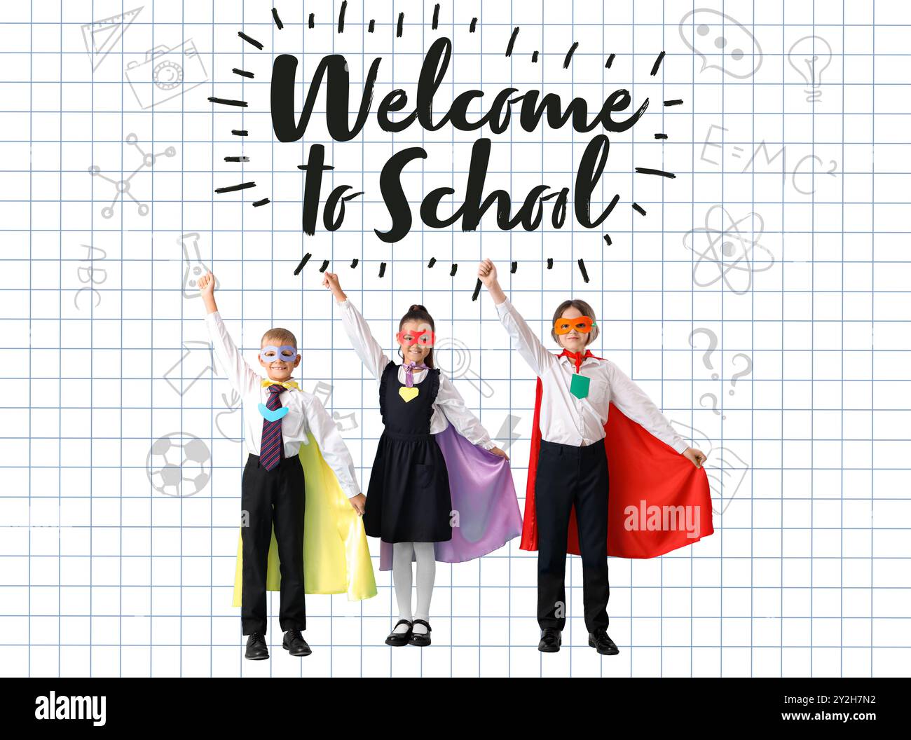 Little students in superhero costumes on white background. Welcome to ...